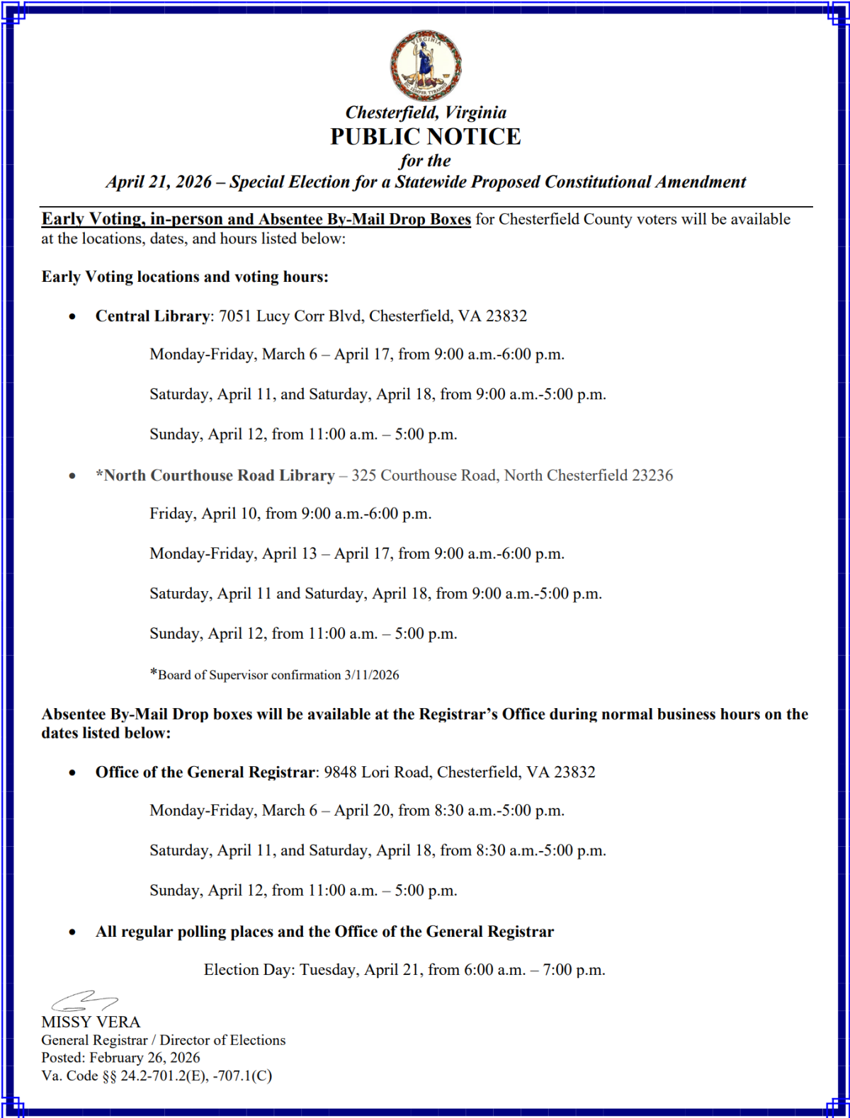 Early Voting Schedule – Redistricting Referendum – Chesterfield GOP