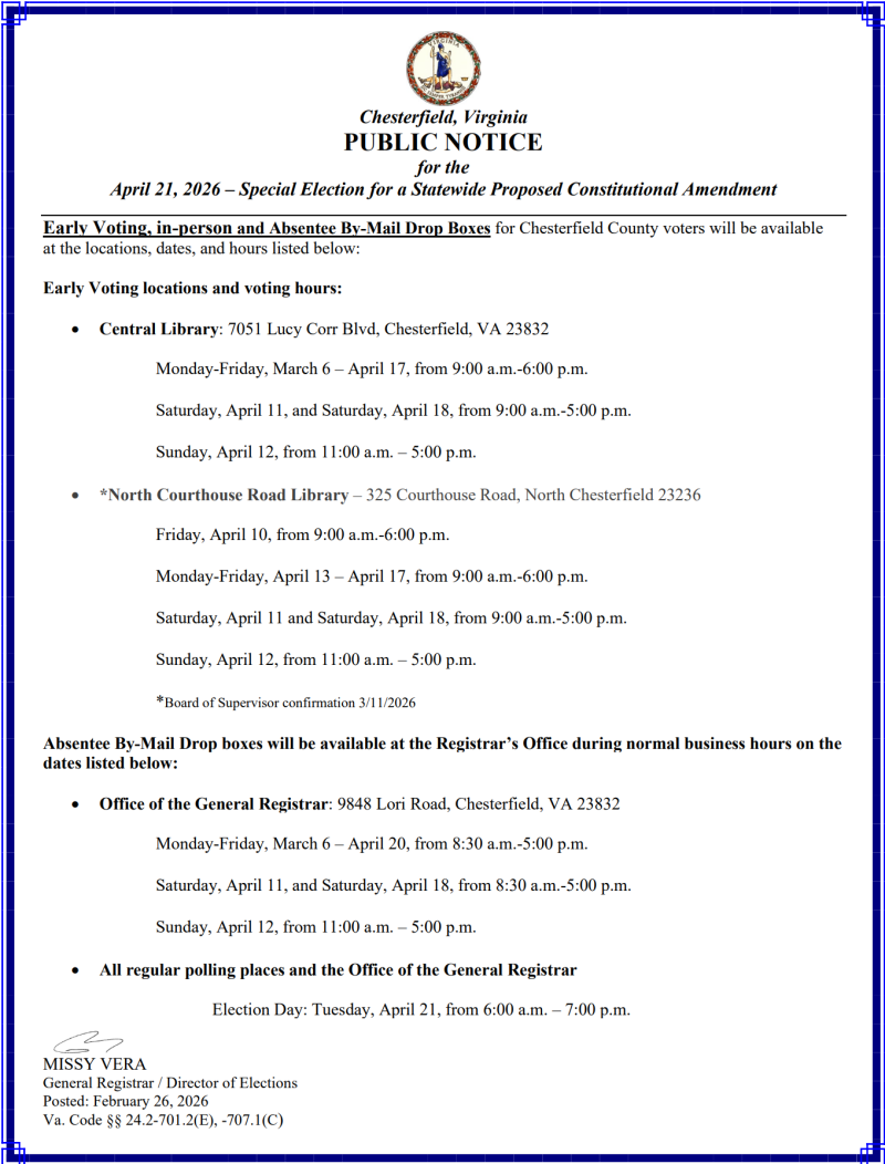 Early Voting Schedule – Redistricting Referendum – Chesterfield GOP